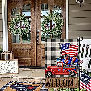 CROWNED BEAUTY 4th of July Patrioctic Welcome Truck Garden Flag 12x18 Inch Double Sided USA Flag Plaid Memorial Day Independence Day Outside Yard Party Decoration