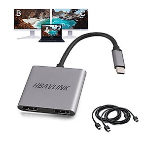 HBAVLINK USB C to Dual HDMI Adapter for Dual Monitor, w/2pack HDMI Cable, Supports Dual 4K@30Hz, Compact Aluminum Alloy Housing