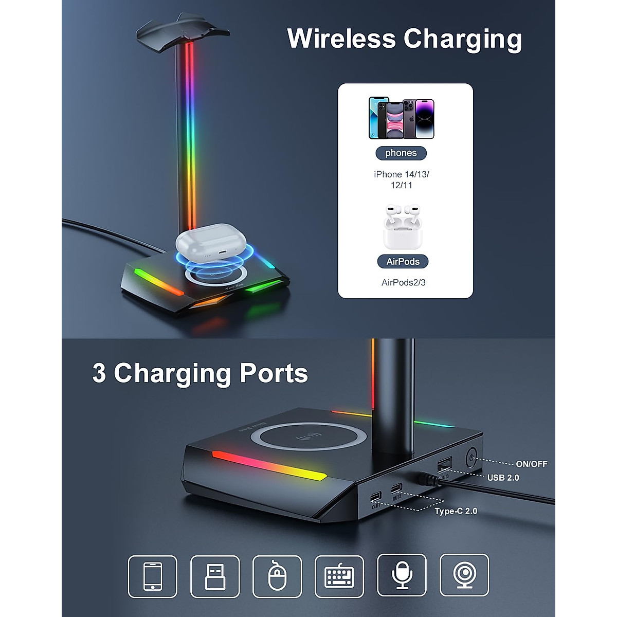 New bee RGB Headphone Stand with 2 USB-C & 1 USB Charging Ports, Desk Gaming Headset Holder with 7 Light Modes and Non-Slip Rubber Base Suitable for All Earphone Accessories