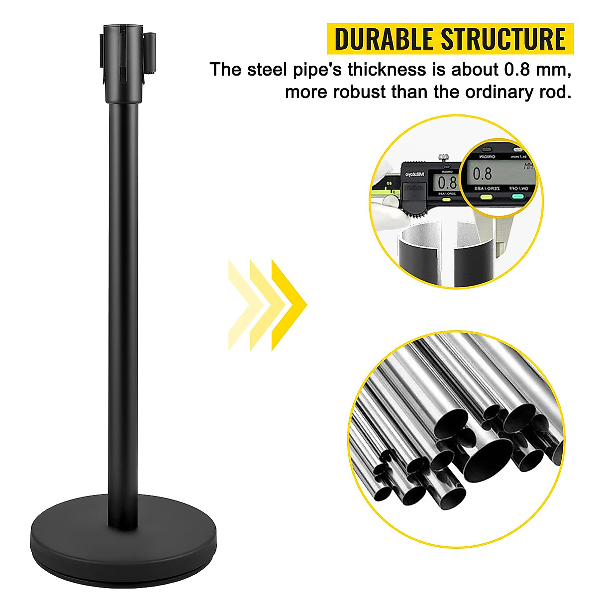 VEVOR Crowd Control Stanchion, Set of 8 Pieces Stanchion Set, Stanchion Set with 6.6 ft/2 m Black Retractable Belt, Black Crowd Control Barrier w/Concrete and Metal Base - Easy Connect Assembly