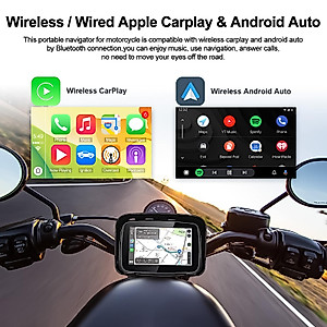 CAMECHO Portable Wireless Carplay Android Auto for Motorcycle, 5" IPS Touch Screen Portable Motorcycle Navigator IPX7 Waterproof, Dual Bluetooth, GPS Navigation for Most Motorbike, Siri