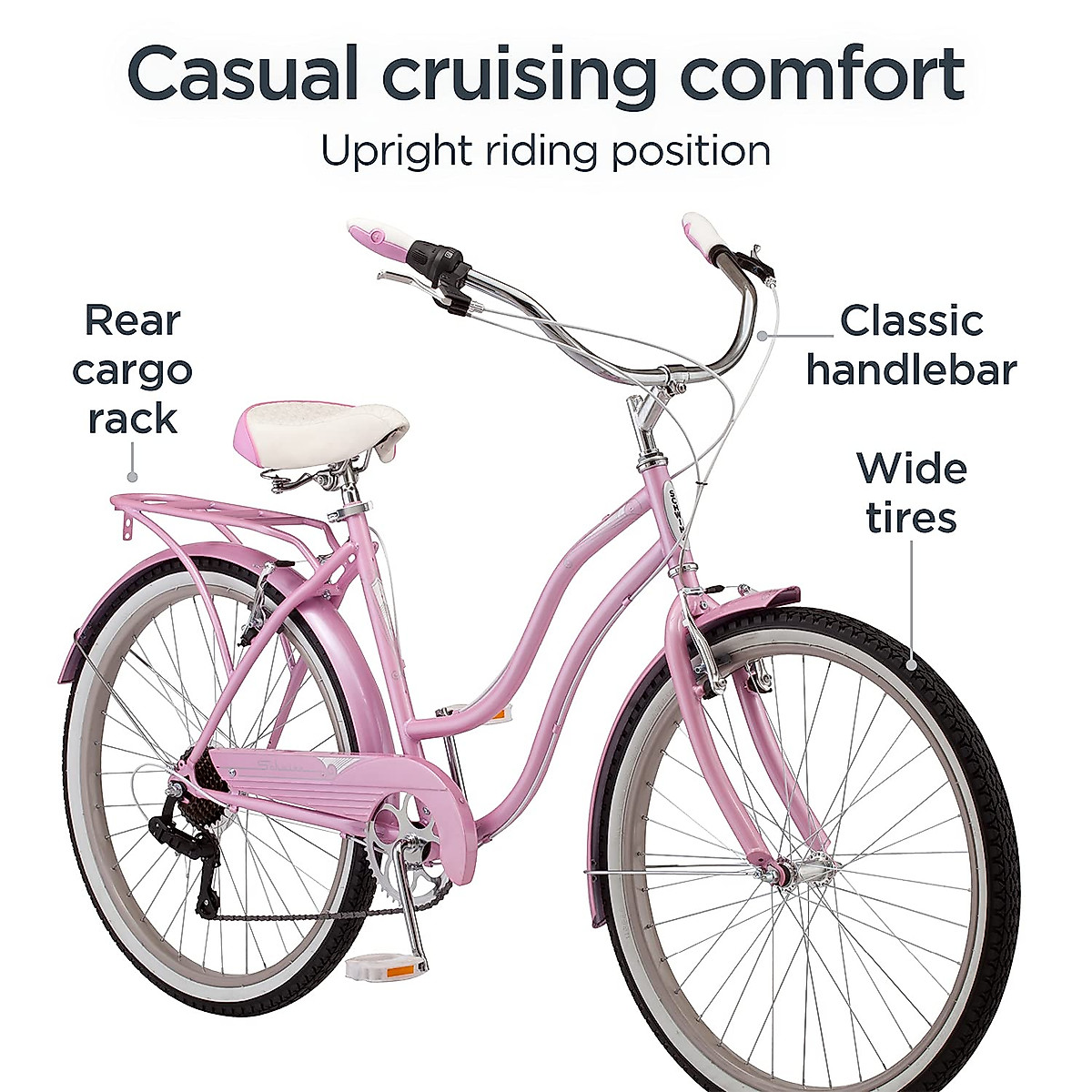 Schwinn Perla Adult Beach Cruiser Bike & Colorbasket 01334 Adult Front Handlebar Bike Basket, All Weather, Water Resistant, Adjustable Leather Straps, White with Pink Trim