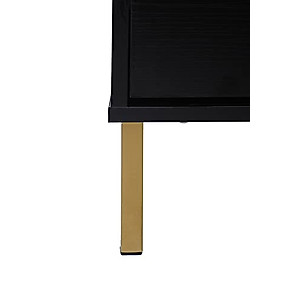 SSLine Shoe Cabinet with 2 Flip Down Storage Shelves Free-Standing Shoe Rack Modern Black Wood Shoe Storage Organizer w/Unique Rattan Decor &Gold Handles for Entryway Hallway Doorway