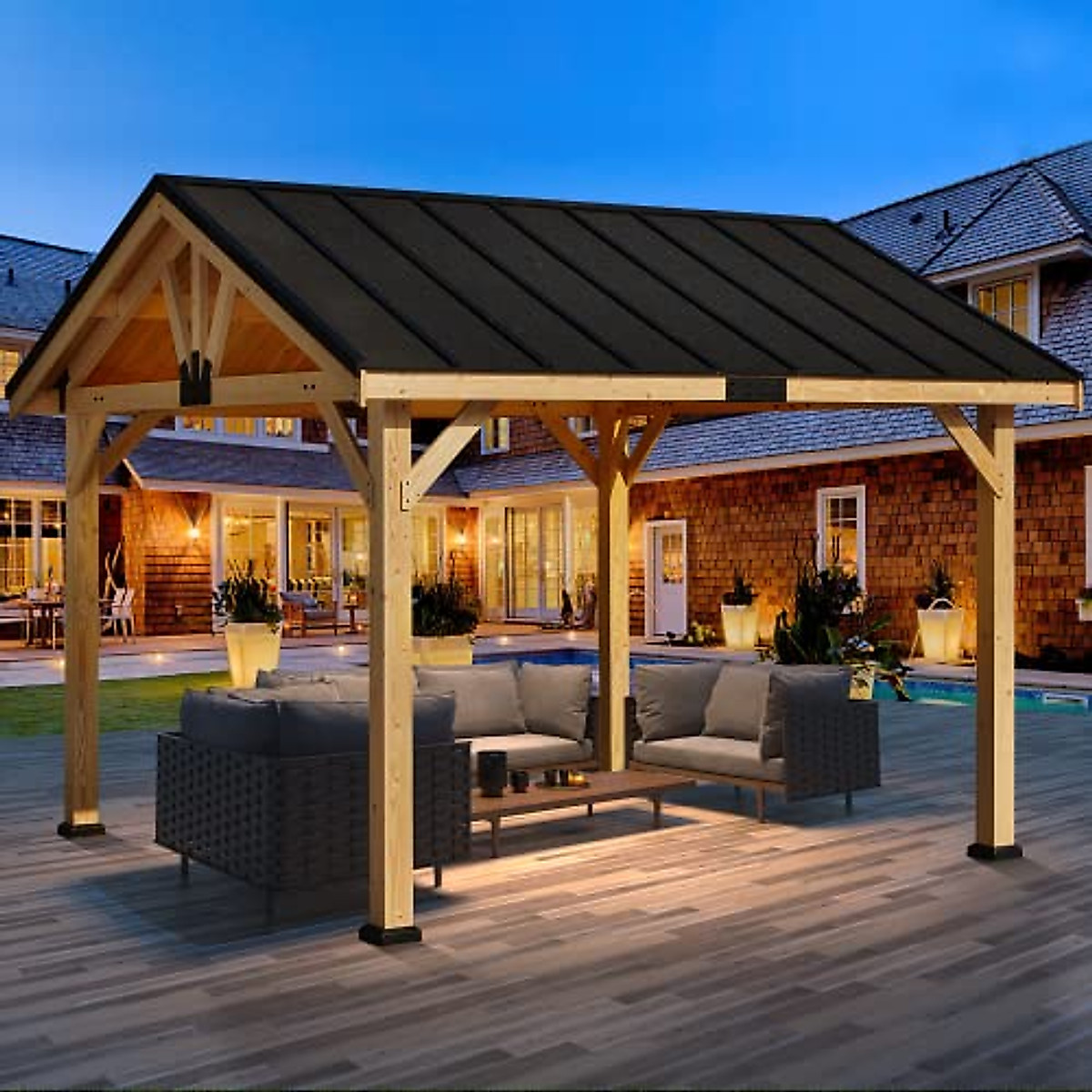 Small Wood pergola,11x12 FT Solid Wood Gazebo with Waterproof Asphalt Roof, Outdoor Permanent Hardtop Gazebo Canopy for Patio, Garden, Backyard(11x12FT Style2)