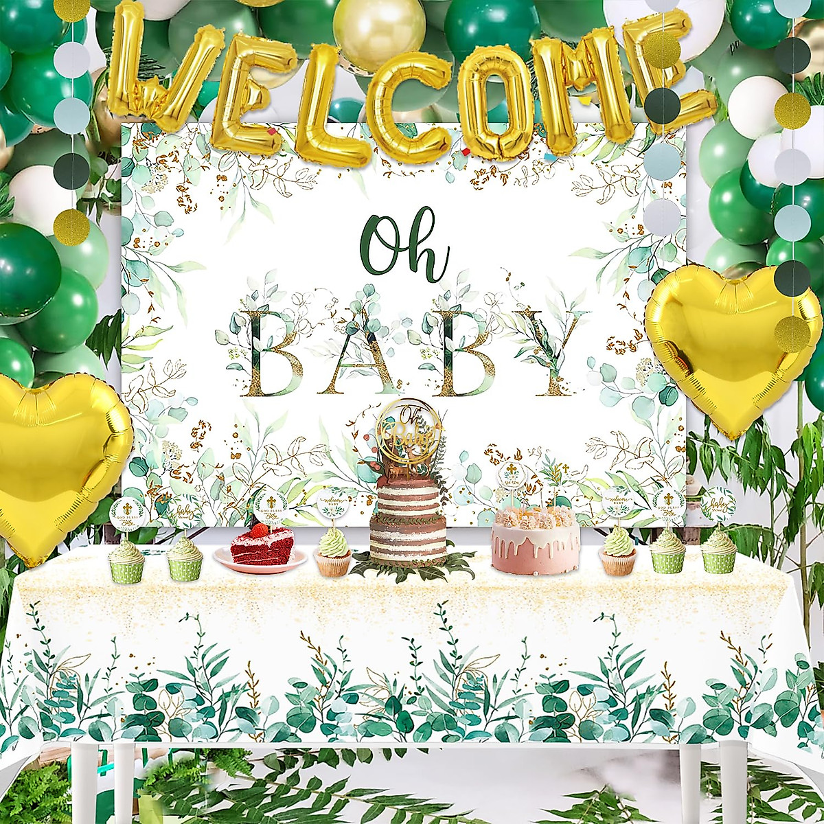Sage Green Baby Shower Decorations, Neutral Baby Shower Party Decorations for Boy Girl with Oh Baby Backdrop, Tablecloth, Cake Topper, Balloon Garland, Dots Banner for Woodland Safari Gender Decor