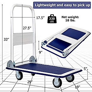 Safstar Folding Push Cart Dolly, Rolling Platform Cart for Garage Warehouse, Portable Flatbed Cart with Non-Slip Swivel Casters (330Lbs Load-Bearing Capacity, Blue)