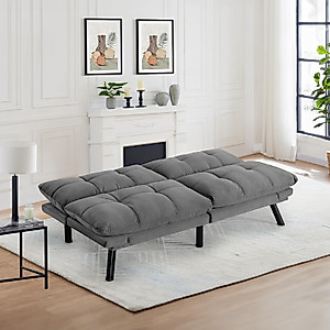 Convertible Velvet Futon Sofa Bed, Comfy 72" L Sleeper Couch with Thicker Cushion, Upholstered Modern Reclining Loveseat Folding Sofa for Small Living Room, Dorm, Apartment, Office, Light Gray