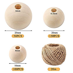 DICOBD 300pcs Wooden Beads 3 Sizes(16mm/20mm/25mm) Natural Unfinished Round Wood Beads Large with 20 Metre Jute Twine for Jewelry Making Home Farmhouse Decoration