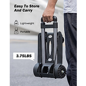 JOYTUTUS Folding Hand Truck, Lightweight Dolly Cart, Aluminum Tube Frame Adjustable Handle Luggage Cart with 2 Large Rear Wheels, 2 Lashing Straps for Moving