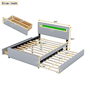 GJHOME Queen Size Upholstered Platform Bed with 2 Storage Drawers and Twin Trundle, LED Lights and USB Charging, Linen Queen Bed Frame with Headboard and Wood Slat Support, Gray