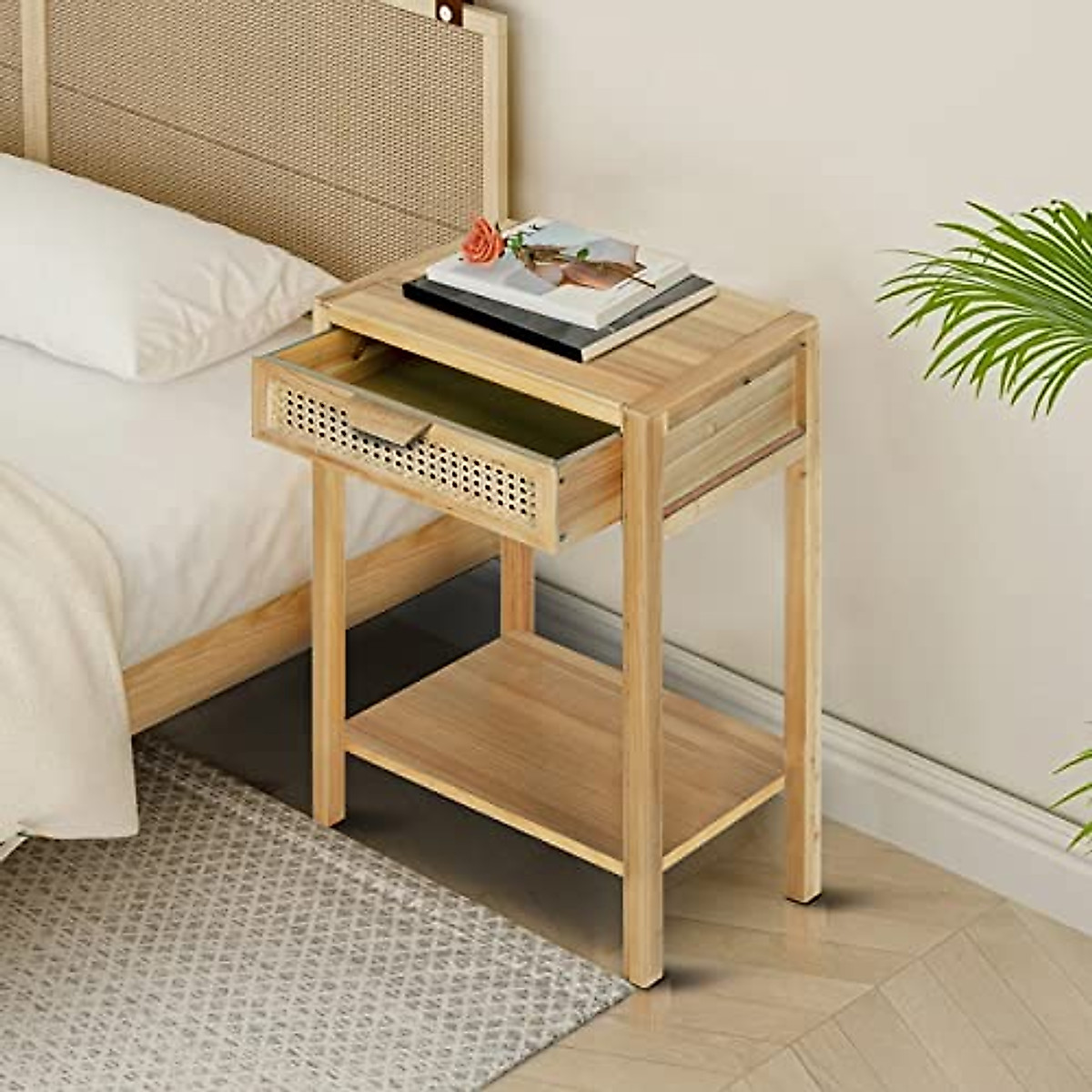Polar Aurora Nightstand, End Table with Woven Pattern Drawer and Open Storage Shelf, Bedside Furniture, Side Table for Bedroom, Easy Assembly, Natural Walnut