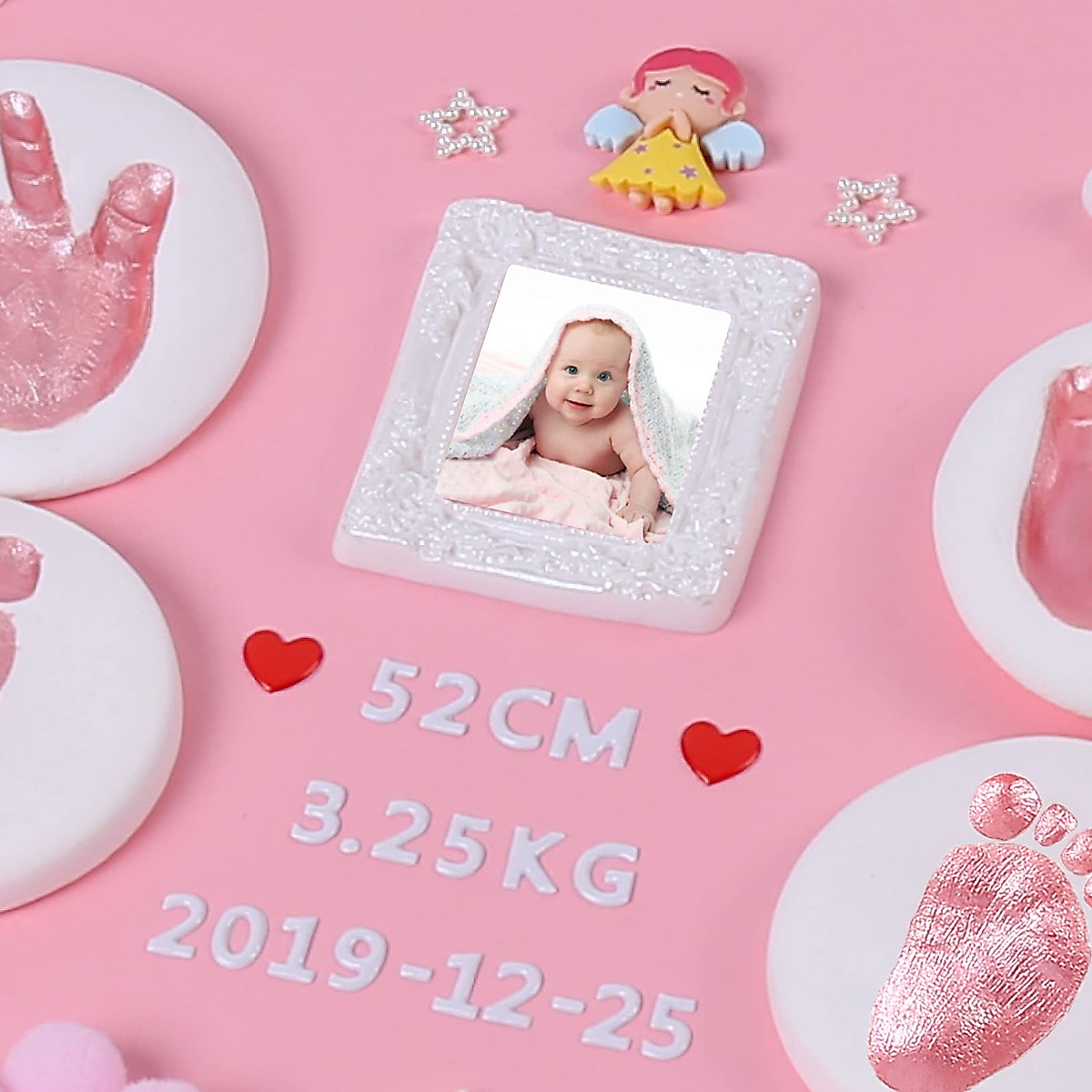 Nifyto Baby Handprint Footprint Ornament Keepsake Maker Kit, Baby Nursery Memory Art Kit, Baby Shower Gifts, Xmas Gifts, Precious Moment for Newborn,Baby Boy/Girl, Personalized Baby Prints(Pink)