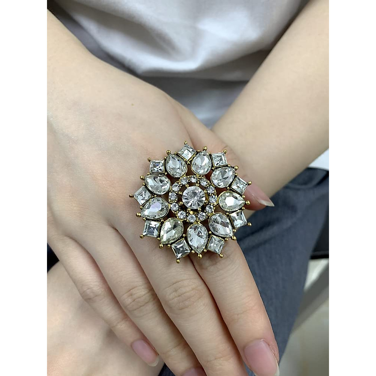 Dtja Boho Geometric CZ Flower Statement Ring for Women Gold Tone Bohemian Antique Mosaic Crystal Expandable Adjustable Open Wrap Finger Rings Comfort Fit Exaggerated Indian Bollywood Party Jewelry