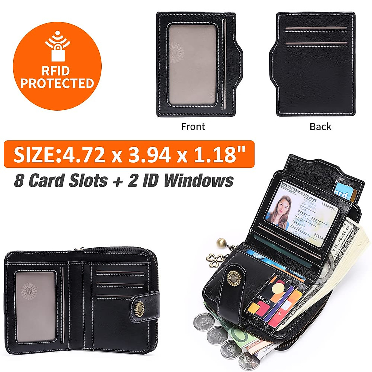 GOIACII Wallet for Women Leather Small RFID Blocking Bifold Zipper Pocket Card Holder with ID Window Black