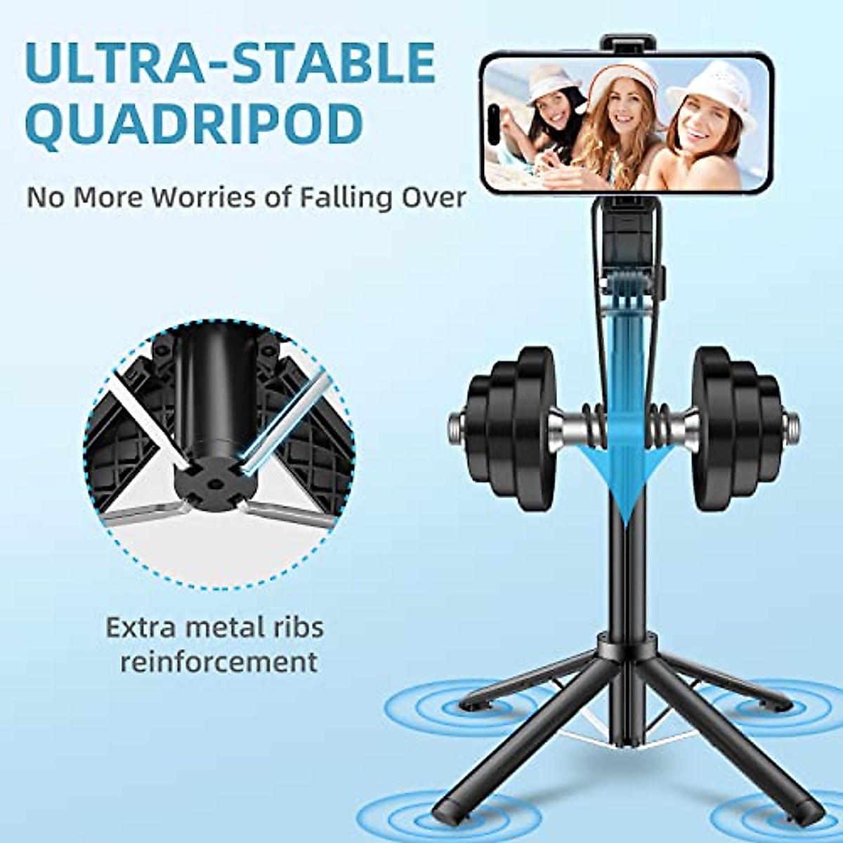 MACOO Selfie Stick Phone Tripod with Remote Upgrade Quadripod Design 40'' Extendable Rechargeable Bluetooth Control Mini Compact Lightweight for Travel Compatible iPhone Samsung All Cell Phone… Black