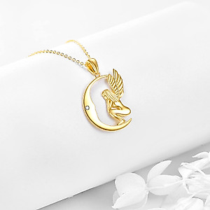 ELFRONT 14K Solid Gold Guardian Angel Wings Necklace for Women Moon Pendant Necklace Real Gold Jewelry Birthday Gifts for Her Wife Mom Grandma Girlfriend