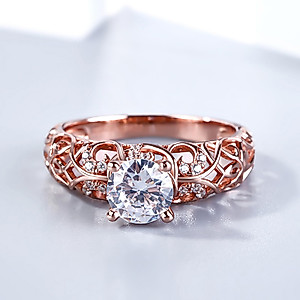 Jeulia 2 Carat Leaf Vines Rings for Women 925 Sterling Silver Rose Gold Plated Engagement Rings Round Cut Diamond Wedding Band Rings Solitaire CZ Promise Anniversary Rings Romantic Gift (Rose Gold, 8)