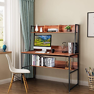 Tangkula Computer Desk with Hutch & Bookshelf, 47 Inches Space Saving Writing Study Table Home Office Desk, PC Laptop Table Workstation with w/ 3 Open Storage Space & Bottom Bookshelf (Brown)