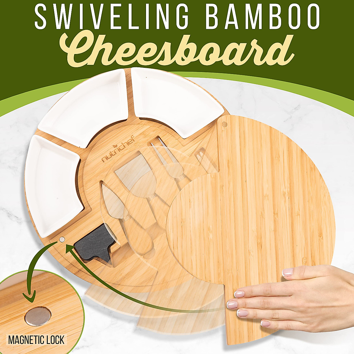 NutriChef Bamboo Natural Cheese Board Set with Bonus Condiment Cup-Extra Large Size 100% Home Organic Wooden Plate and Charcuterie Tray with 4 pcs Cutting Knife Slicer, 13" Round