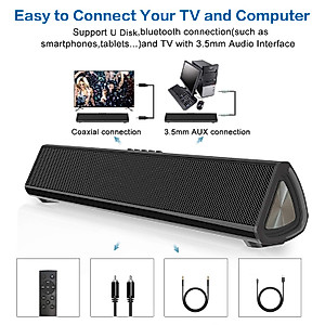 Portable Sound Bar for TV/PC, 105dB Bluetooth 5.0 Wireless & Wired Soundbar with 2200 mAh Battery, 3D Surround Sound Home Theater Built-in Subwoofer with Remote Control for Projectors/Phones/Tablets