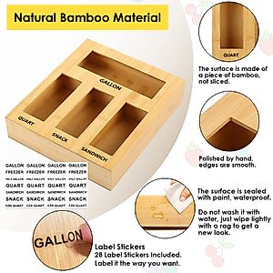 Bag Storage Organizer with Stickers for Kitchen Drawer, Bamboo Made Food Storage Wrapped Baggie Organizer Holders Dispenser, Compatible with Gallon Quart (Slider Quart) Sandwich and Snack Size Bags