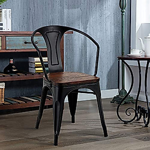 LSSBOUGHT Tolix Style Metal Dining Chair Indoor-Outdoor Use Kitchen Chairs Stackable Arm Chairs Set of 2 (Black)