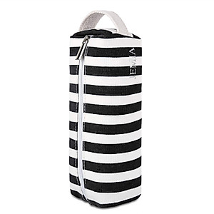 JEMIA Single Compartments Collection 1 Independent Zipper Chambers with Handle Strap Pencil Case (Black White Stripes, Canvas, Medium)