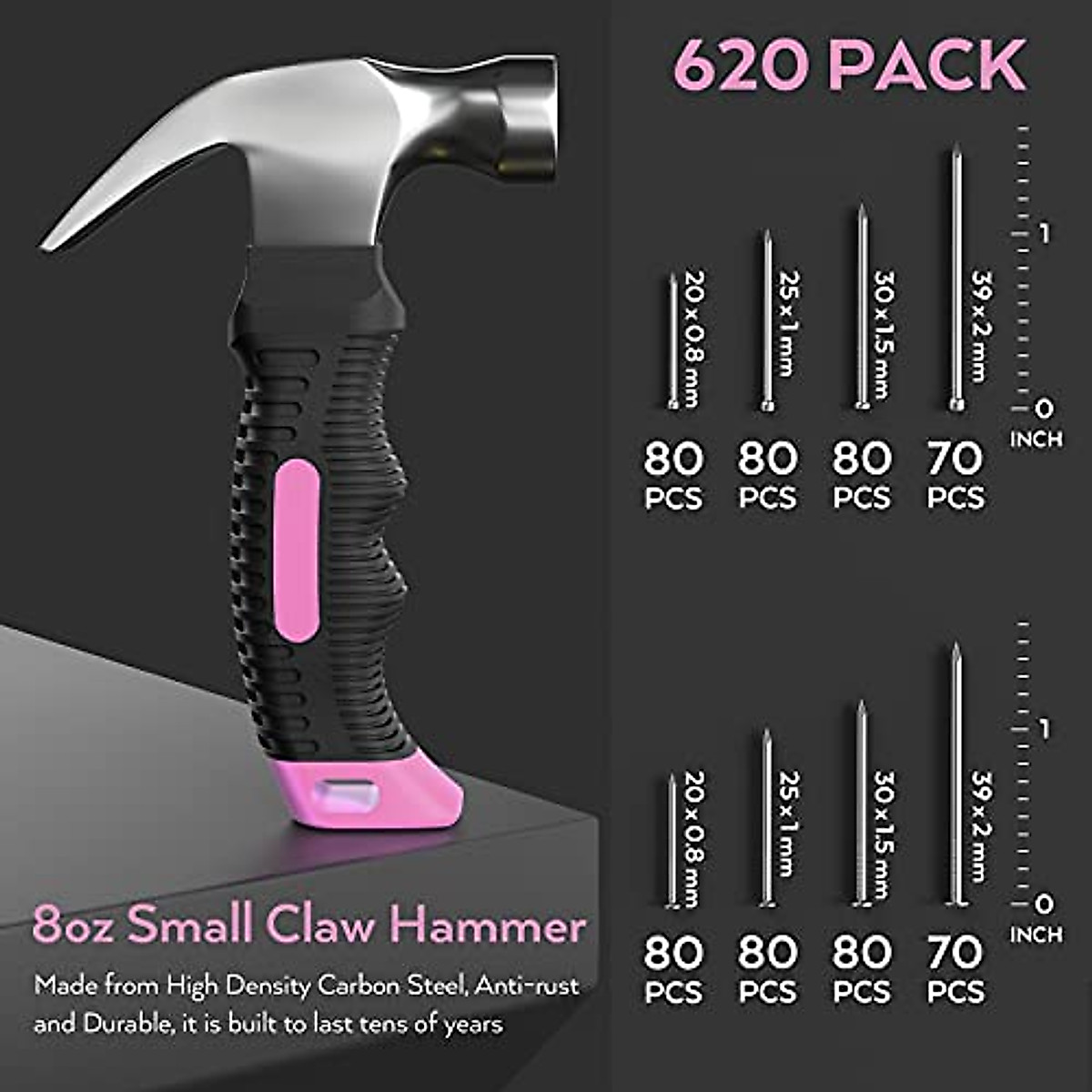 INCLY 620 PCS Small Nails for Hanging Pictures Assortment Kit with 8oz Pink Small Hammer, Mini Hammer Set with Hardware Nails Assorted Set 310 Wall Nails & 310 Finish Nails for Installing with Case