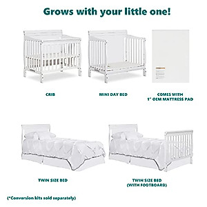 Dream On Me Aden 4-in-1 Convertible Mini Crib In White, Greenguard Gold Certified, Non-Toxic Finish, New Zealand Pinewood, With 3 Mattress Height Settings