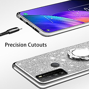 Easyscen Case for TCL 30 XL (6.82"), Clear Glitter Soft TPU Shockproof Protective Bumper Cover with Kickstand Lanyard, Sparkly Cute Slim Women Girls Phone Case for TCL 30 XL T701DL - Silver