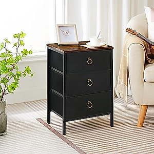 HOOBRO Nightstand, 3-Drawer End Table, Side Table with Fabric Drawers, Sofa Side Table, Metal Frame, Large Storage, for Bedroom, Study, Office, Large Storage, Rustic Brown and Black BF59BZ01
