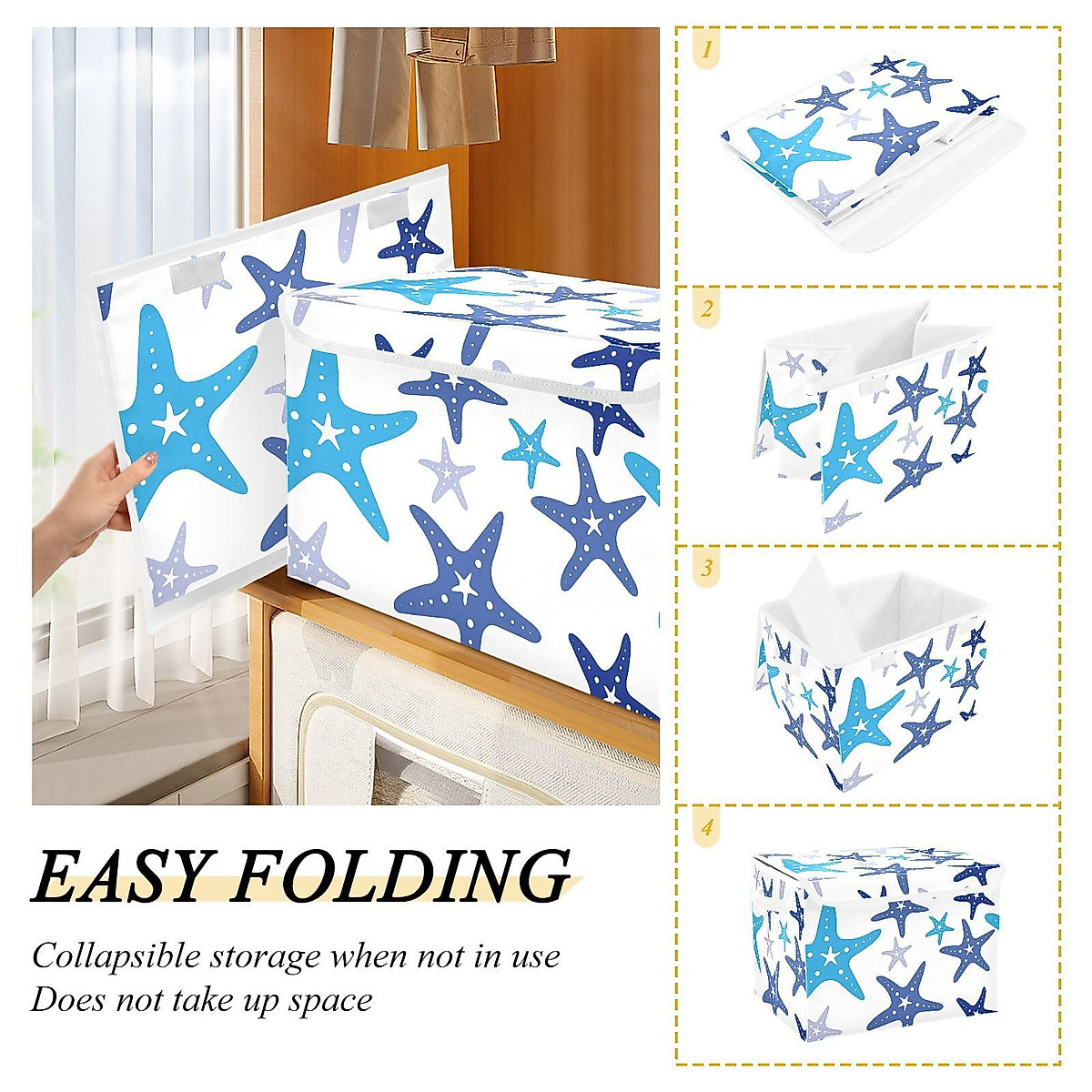 ALAZA Collapsible Large Storage Bin with Lid, Blue Starfish Foldable Storage Cube Box Organizer Basket with Handles, Clothes Blanket Box for Shelves, Closet, Nursery, Playroom