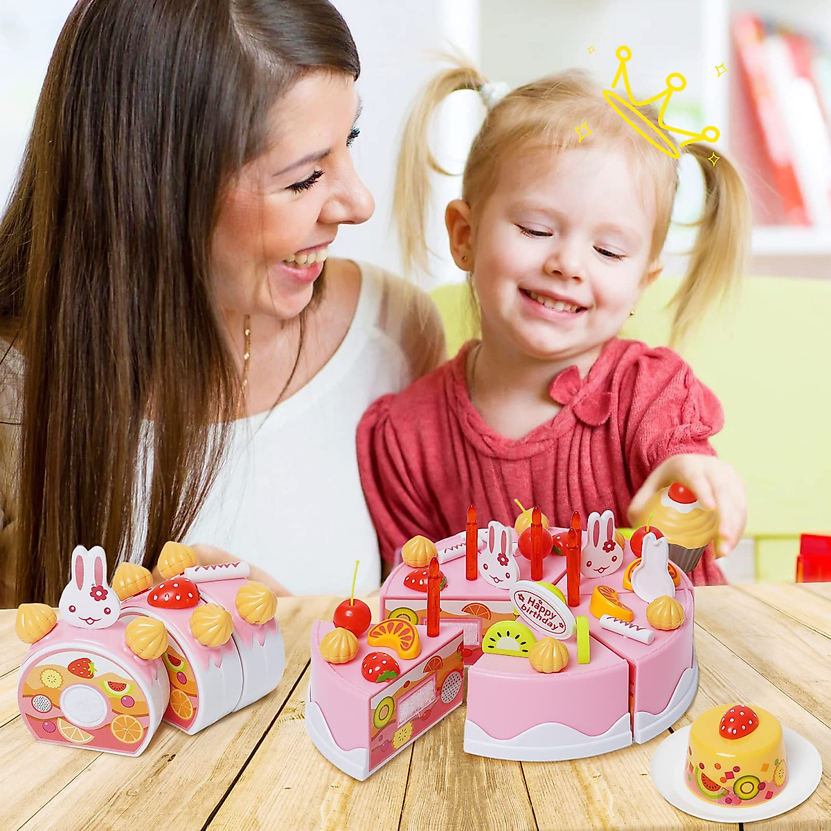75PCS Birthday Cake Toy Cutting Decorating Birthday Cake Kitchen Pretend Toys Party Role Play Food Sets with Removable Candles Fruit Ice Cream Biscuits Candy Gift for Girls Boys Aged 3+