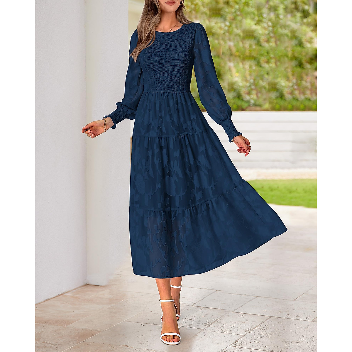 BTFBM Casual Women's 2025 Fall Dresses Elegant Wedding Guest Dress Long Sleeve Floral Midi Dress Flowy Bohemian Long Dress(Dark Blue,Small)