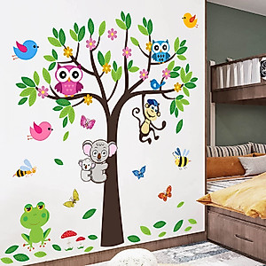 Amaonm Giant Tree With Cartoon Animals Monkey Owls Wall Sticker Removable 3D DIY Green Leaves Wall Decal Nursery Peel and Stick art Decor for Kids Baby Bedroom Home Living Room Classroom Decoration
