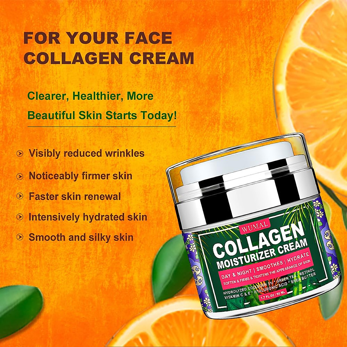 WUMAL Collagen Retinol Cream - Hydrates, Firms and Brightens Skin - Face Moisturizer for All Skin Types - 1.7oz