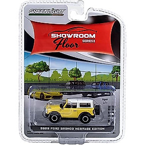 2023 Bronco Heritage Edition Yellowstone Metallic with Oxford White Top Showroom Floor Series 3 1/64 Diecast Model Car by Greenlight 68030D