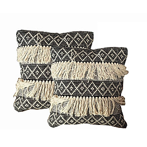 Chardin home Black & Ivory Boho Pillow Covers, Set of 2 Decorative Throw Pillow Covers 20x20 with Fringe Tassels | Farmhouse Pillow Cover with Woven Diamond Design