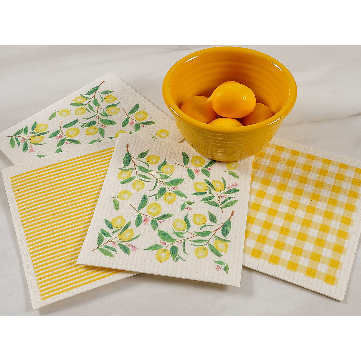 KAF Home Clean It Mixed Swedish Dish Cloths - Set of 4, Reusable, Absorbent Cellulose Sponge Towels for Kitchen, Cleaning Counters, and Washing Dishes (All Over Lemon)