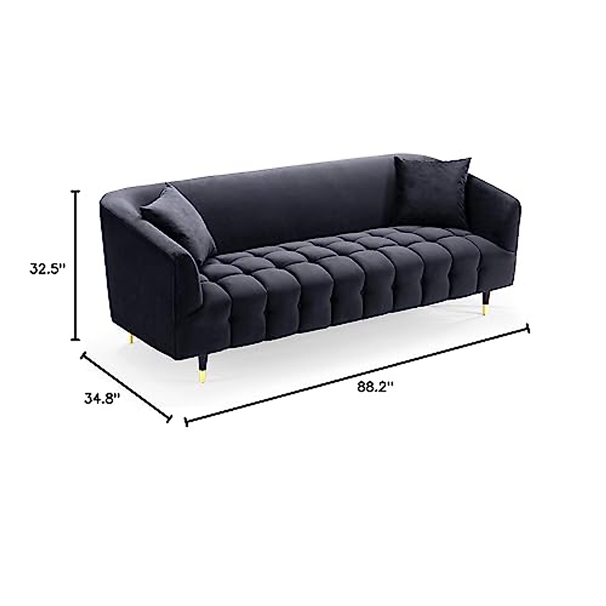 Iconic Home Julia Sofa Velvet Upholstered Channel-Quilted Button Tufted Cushion Shelter Arm Design Espresso Finish Gold Tip Wood Legs Modern Contemporary, Black