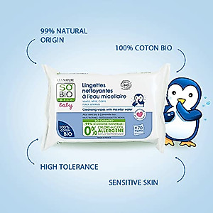 SO'BiO étic | Baby Cleansing Wipes | Organic & Biodegradable Micellar Water Wet Wipe Skin Cleanser for Newborn, Infant, Toddler | 70 Wipes