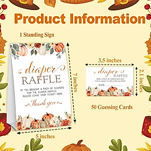 Thanksgiving Diaper Raffle Tickets, Fall Pumpkin Baby Shower Raffle Tickets for Gender Reveal Party Games, Autumn Baby Shower Decorations, 1 Sign & 50 Guess Cards-A04