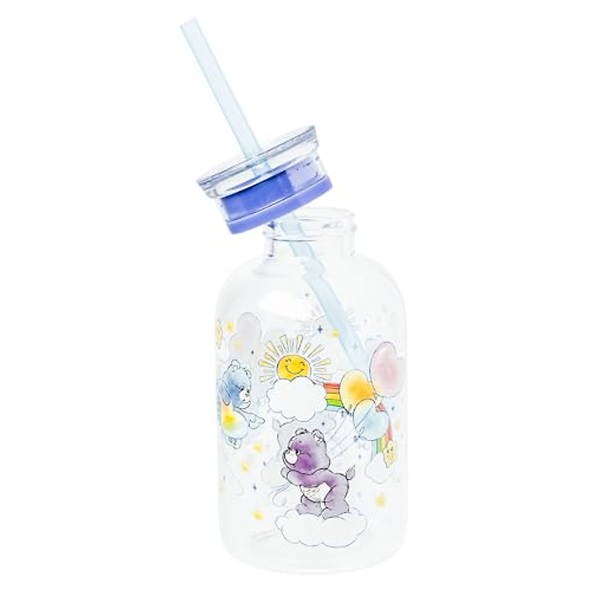 Silver Buffalo Care Bears Glass Milk Bottle with Straw Featuring Share Bear and Goodnight Bear, 15 Ounces