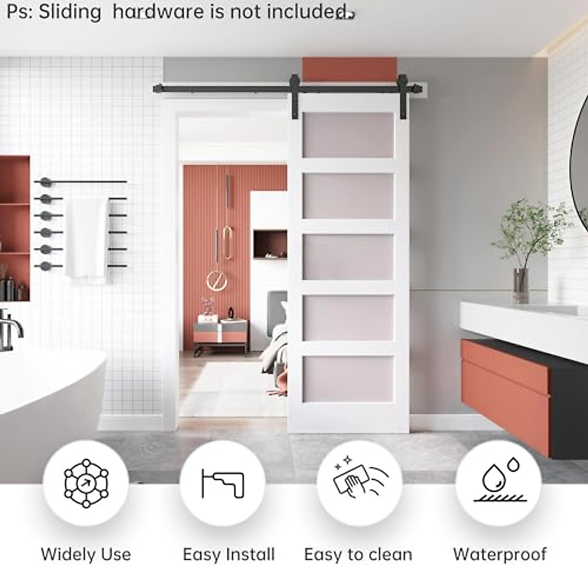 EaseLife 30in x 84in Glass Barn Door,Solid LVL Wood Covered with Water-Proof & Scratch-Resistant PVC Surface,DIY Assembly,5-Panel Glass,White