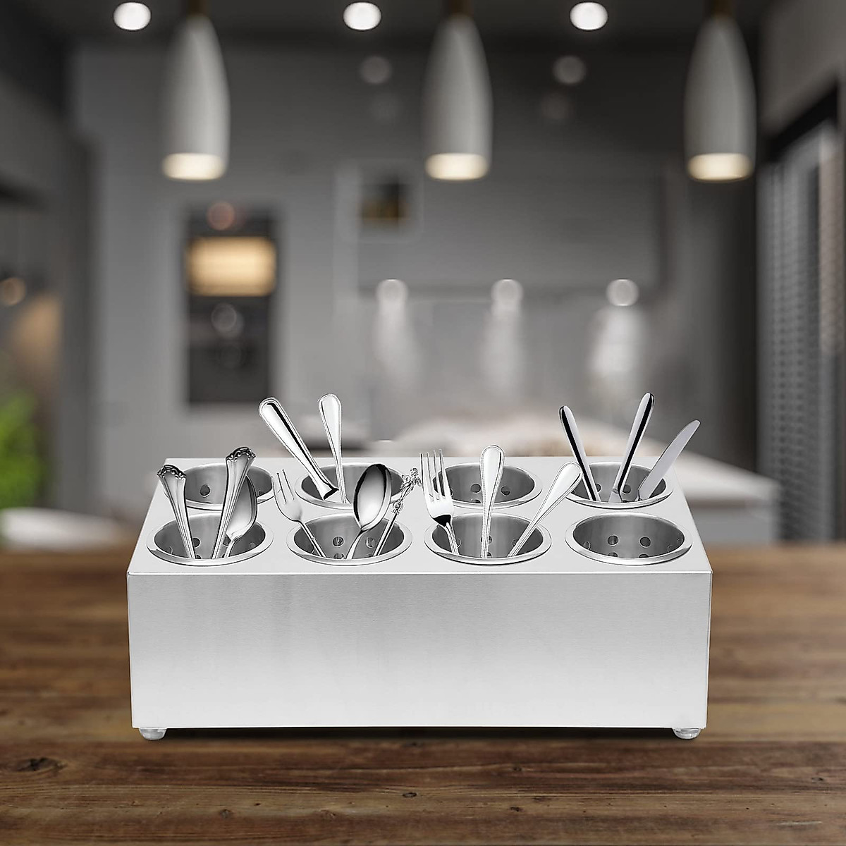 NOPTEG Commercial Utensil Holder, Stainless Steel Cylinder Flatware Silverware Utensil Holder Organizer Countertop Forks Spoons Knife Utensil Caddy Compact Cutlery Organizer(8 Hole)