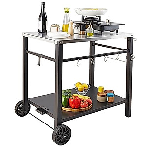 VEVOR Outdoor Grill Dining Cart with Double-Shelf, BBQ Movable Food Prep Table, Multifunctional Stainless Steel Table Top, Portable Modular Carts for Pizza Oven, Worktable with 2 Wheels, Carry Handle