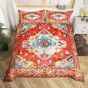 Erosebridal Ethnic Tribal Duvet Cover Queen,Bohemian Flower Bed Set for Girls Women Teens,Distressed Bedding Boho Medallion Comforter Cover,Vintage African Style Quilt Cover with 2 Pillow Cases,Red