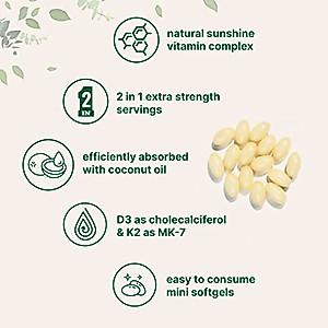 Vitamin D3 10000 iu Plus K2 (MK-7) 200 mcg, 180 Virgin Coconut Oil Softgels| 2 in 1 Vitamins D & K Complex | Supports Calcium Absorption, Bone, Immune, & Heart Health – Easy to Swallow