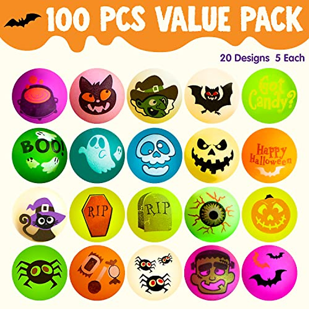 JOYIN 100 Halloween Theme, Glow in The Dark Bouncing Balls, 20 Designs for Halloween Party Supplies, Trick or Treating Goodies