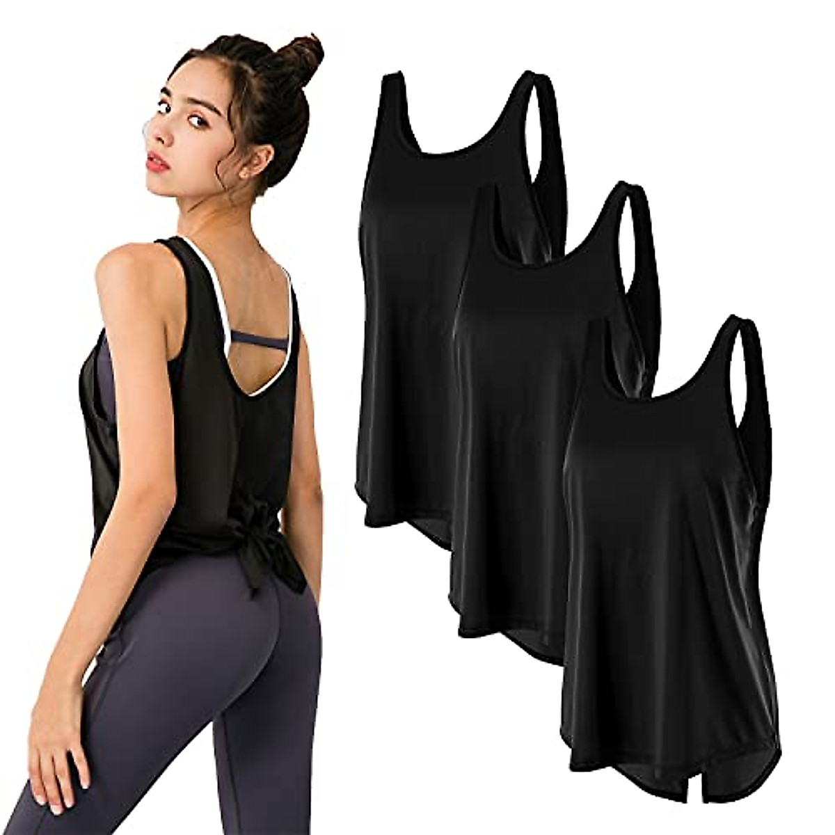 Athletic Tank Tops for Women Loose fit 3 Pack Open Back Strappy Yoga Workout Running Shirt Womens Shirts Summer
